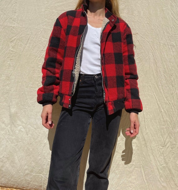 Vintage 60s Red and Black Check Wool Bomber / Faux Shearling - Etsy