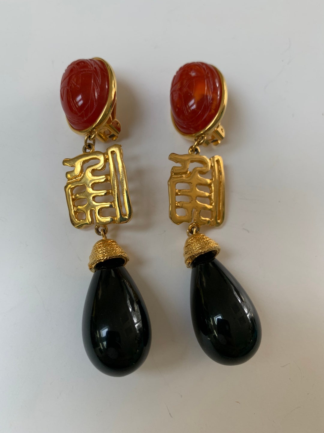 Rare 90s Deep Red Cabochon Scarab Gold Tone Earrings With Black Drops ...