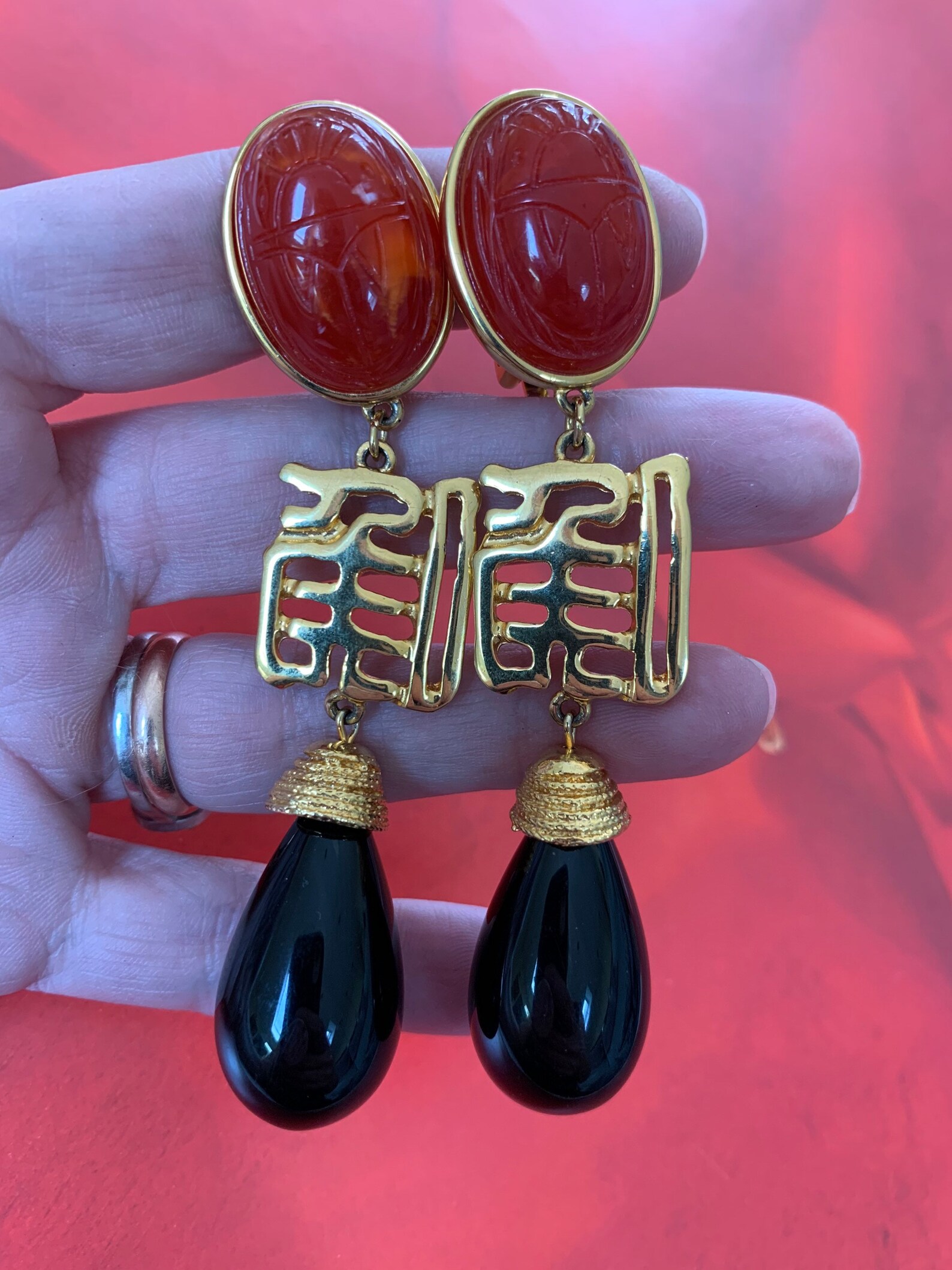 Rare 90s Deep Red Cabochon Scarab Gold Tone Earrings With Black Drops ...