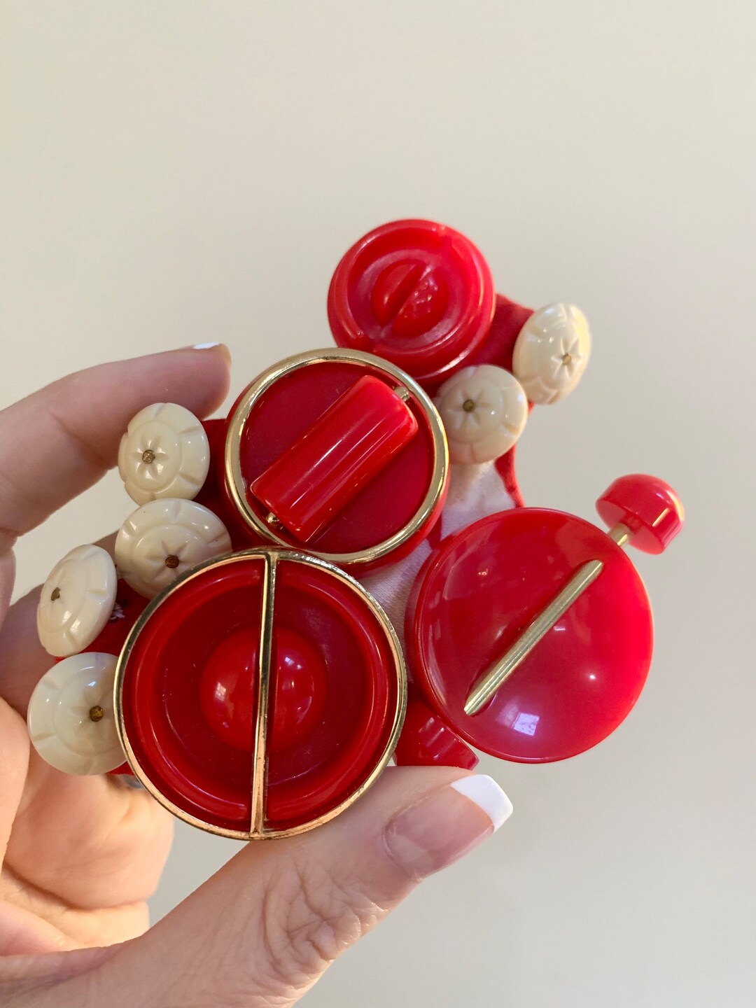 Huge Mid Century Modern Red White and Gold Buttons Brooch - Hand Made ...