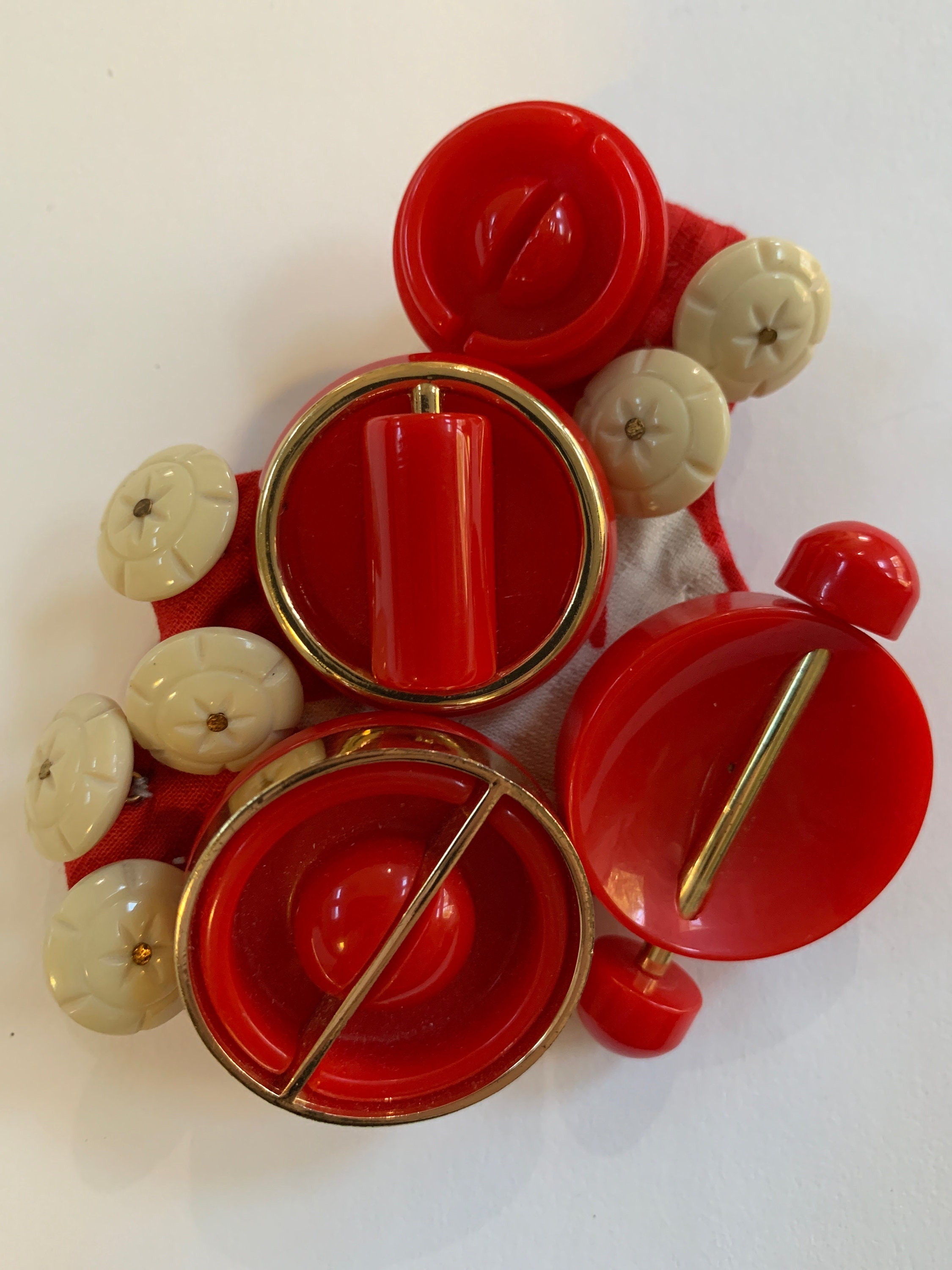 Huge Mid Century Modern Red White and Gold Buttons Brooch - Hand Made ...
