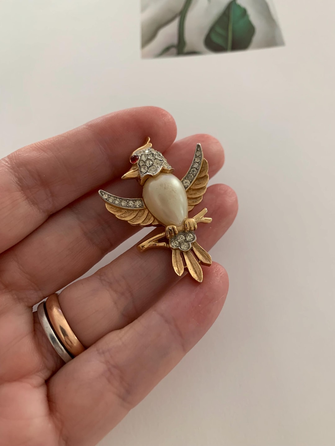 Crown Trifari Bird Brooch With a Faux Pearl Belly, Rhinestone Wings and ...