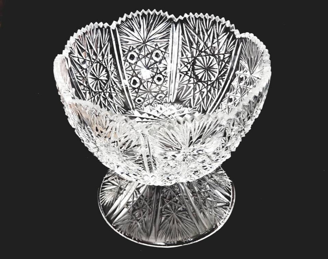 Vintage Russian Czech Cut Glass Pedestal Bowl Large Authentic Antique ...