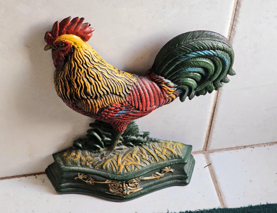 Large Cast Iron ROOSTER Door Stop Holds Chicken Coop Door Vintage Heavy Iron Rooster Country ...