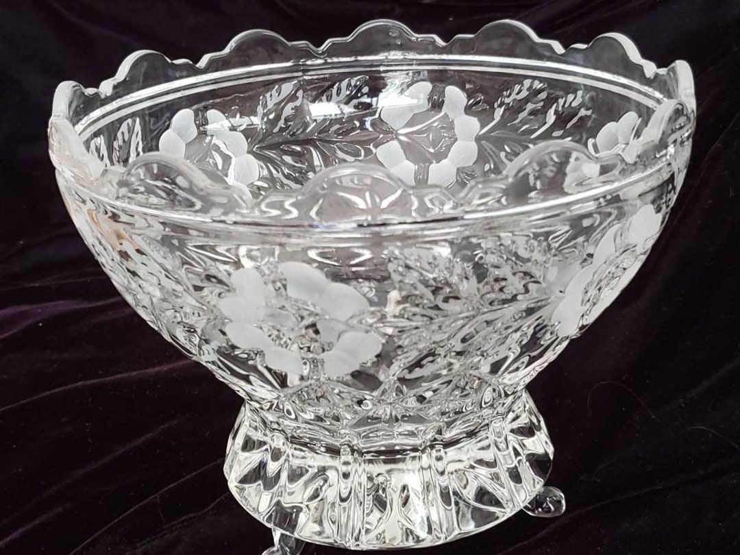 Vintage Clear Glass FOOTED Bowl Cut Designs Etched Flowers and Leaves BEAUTIFUL Unique for ...