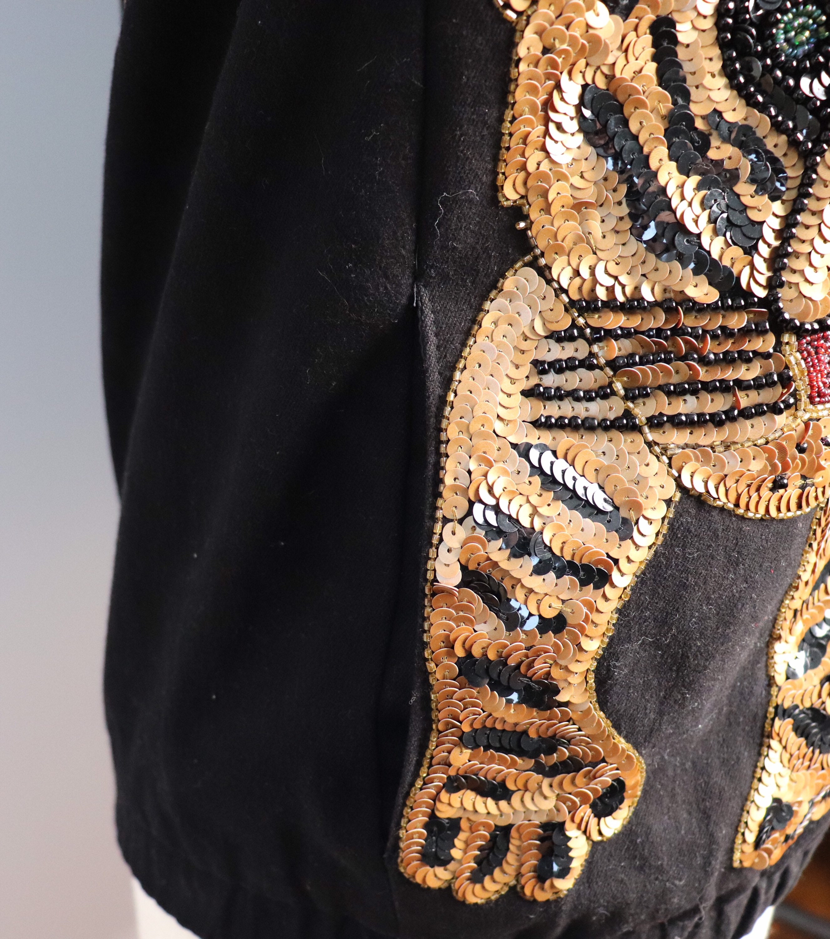 Vintage Modi Sequined and Beaded Leopard on a Black Cotton - Etsy