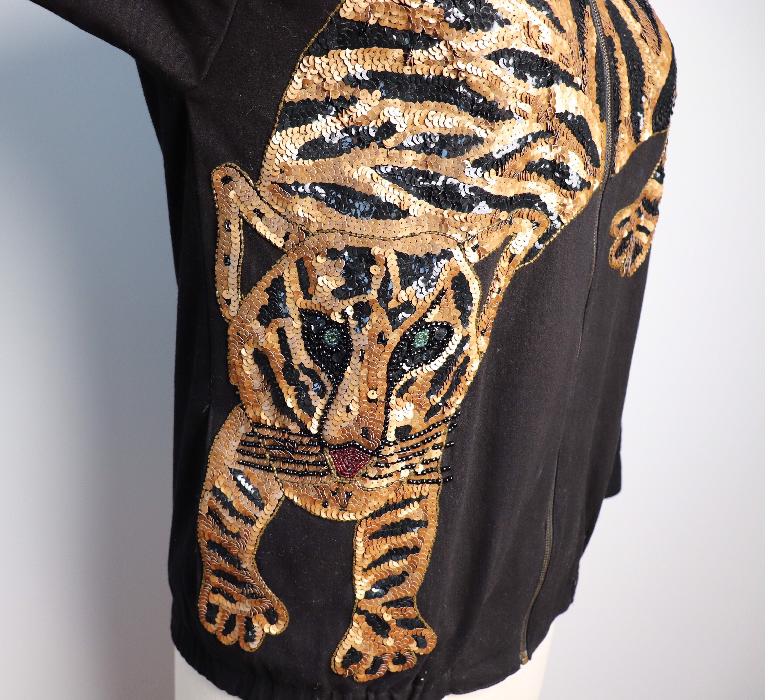 Vintage Modi Sequined and Beaded Leopard on a Black Cotton - Etsy