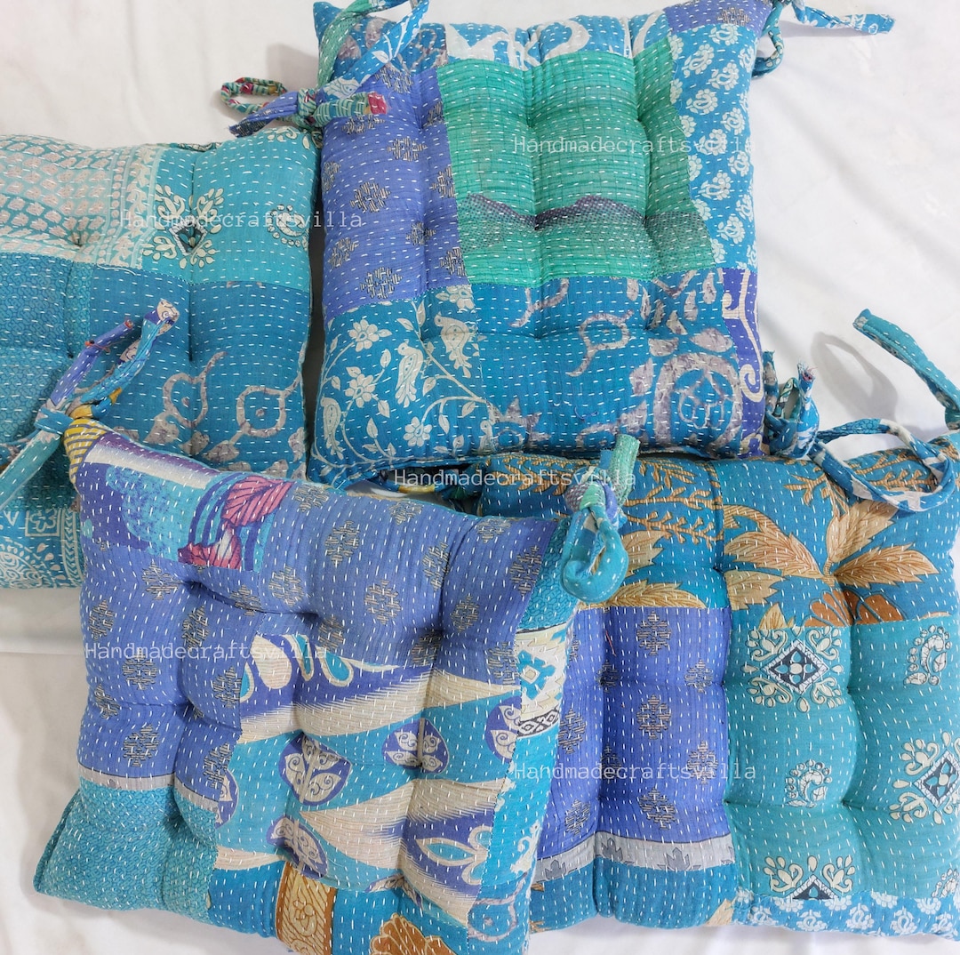 Handmade Kantha Chair Seat Pad: Quilted Cotton Floral Boho Dining ...