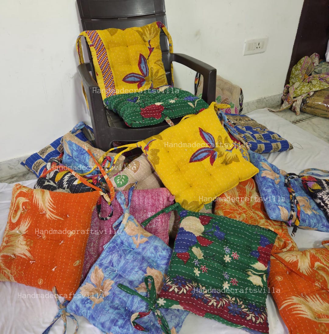 Handmade Kantha Chair Cushion, Vintage Indian Cotton Seat Pad, Boho ...