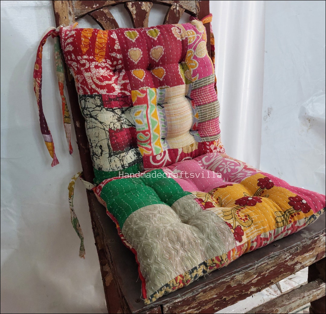 Handmade Kantha Chair Pad: Quilted Cotton Seat Cushion With Ties, Boho ...