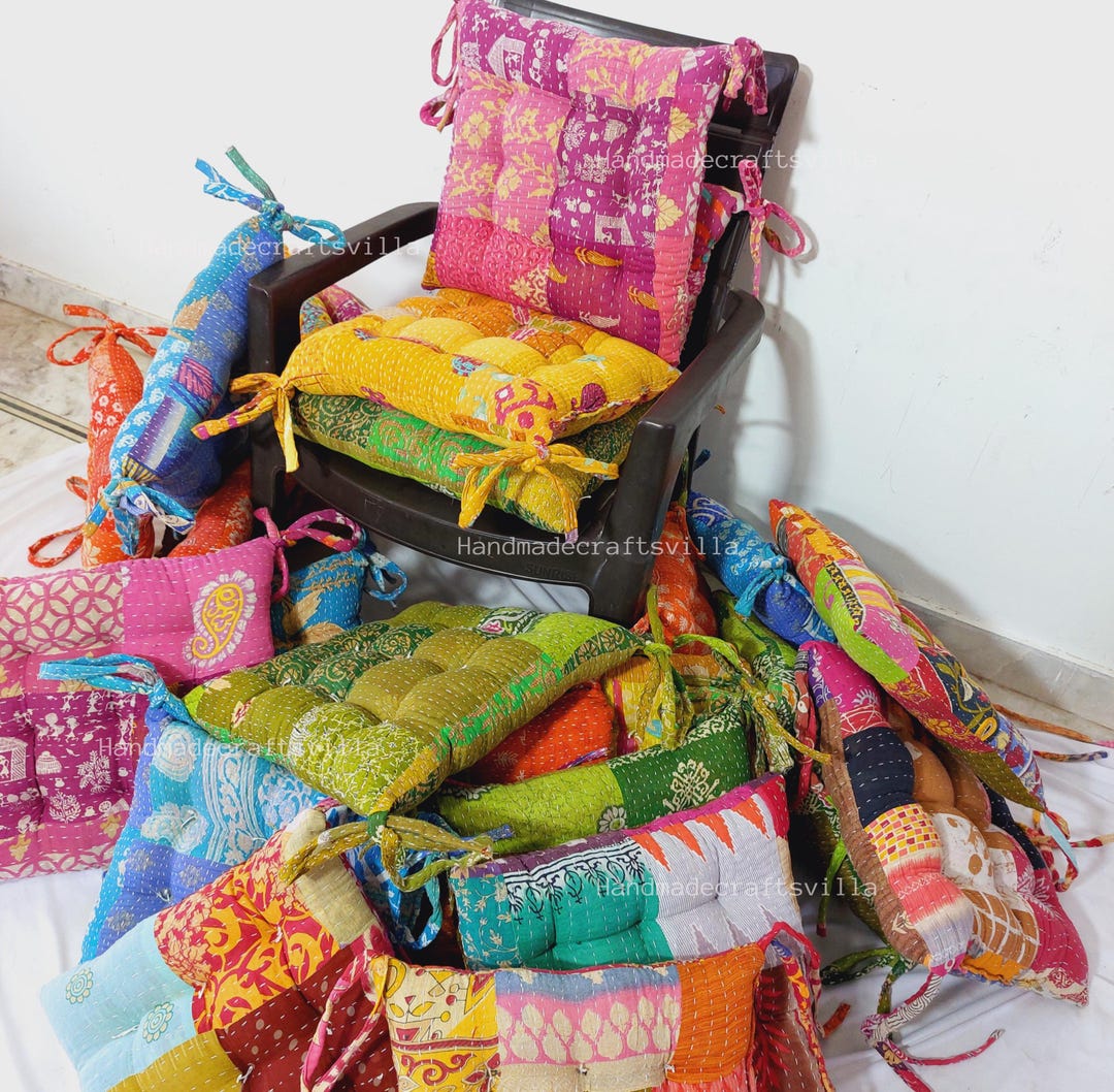 Handmade Kantha Chair Pad | Boho Patchwork Cotton Seat Cushion With ...