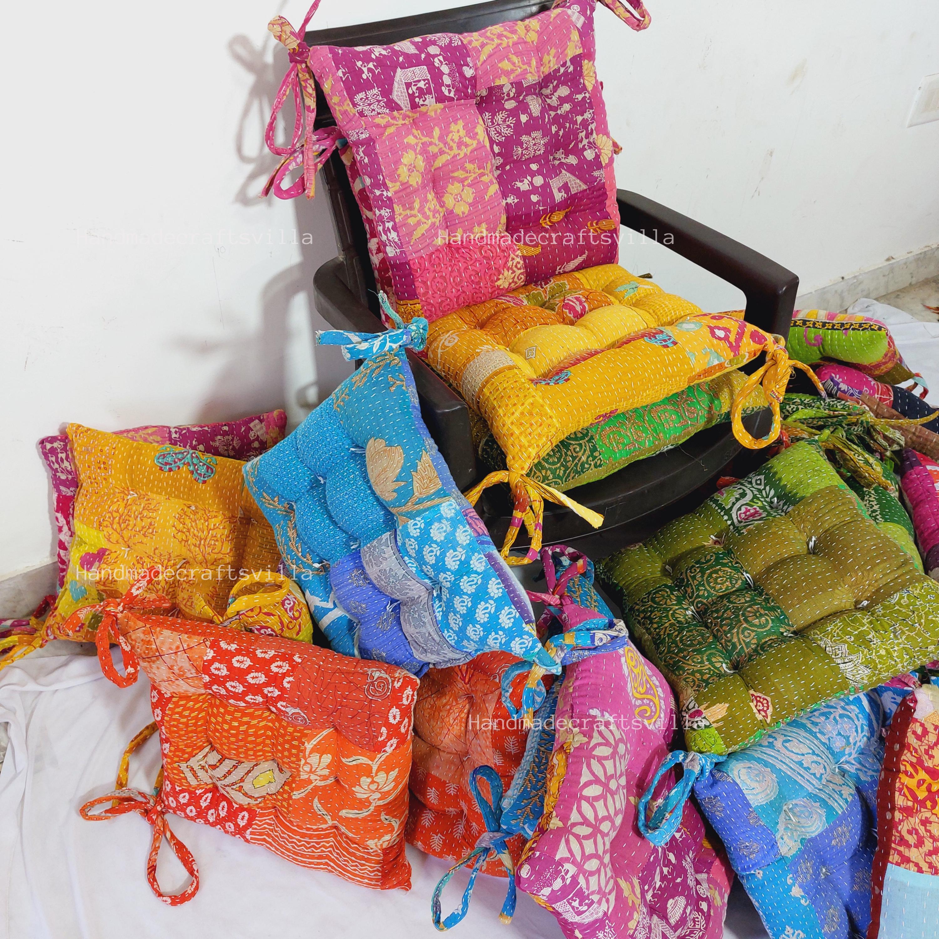 Handmade Kantha Quilted Cotton Chair Pad, Boho Indian Seat Cushion ...