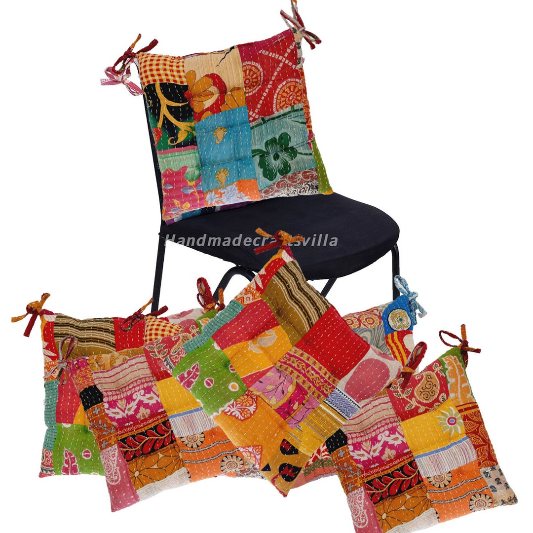 Vintage Kantha Chair Cushion: Handmade Patchwork Seat Pad (15x15 Inch ...