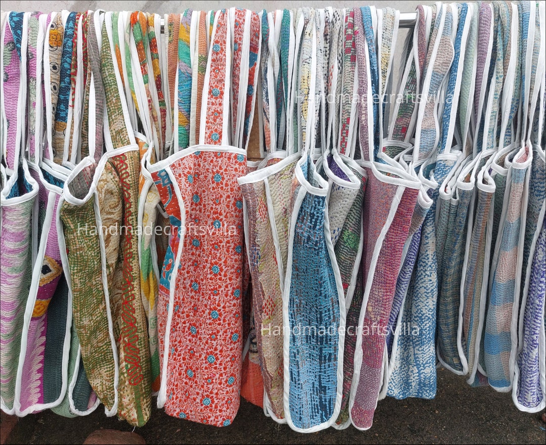 Set of 5 Pcs Vintage Kantha Handmade Cotton Quilted Bags, Kantha Bag ...