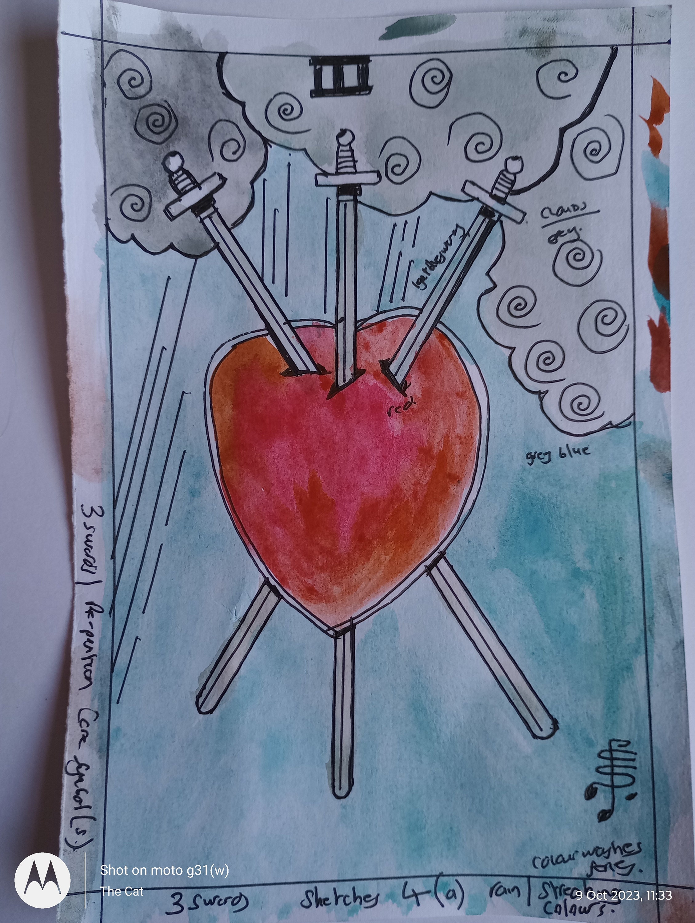 THREE OF SWORDS, Original Tarot Card Art Painting From 1909 ...