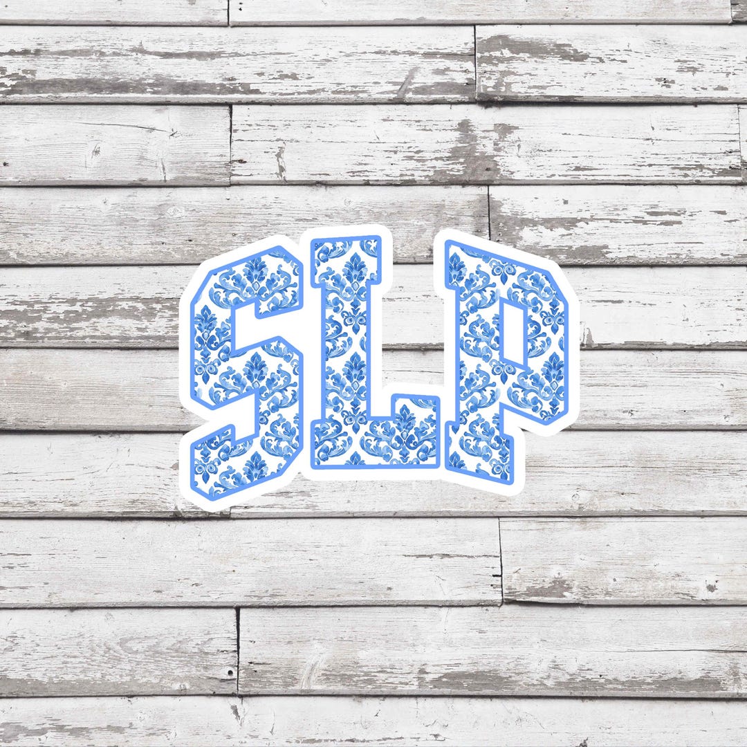 SLP Sticker, Blue Toile Varsity Letters, Cute Speech Therapy Gift for ...