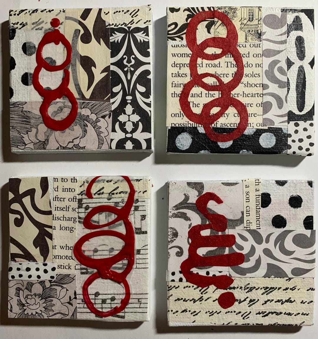 Abstract Mini Collages, 3"x3", Hang as is or in a Frame, Black, White ...
