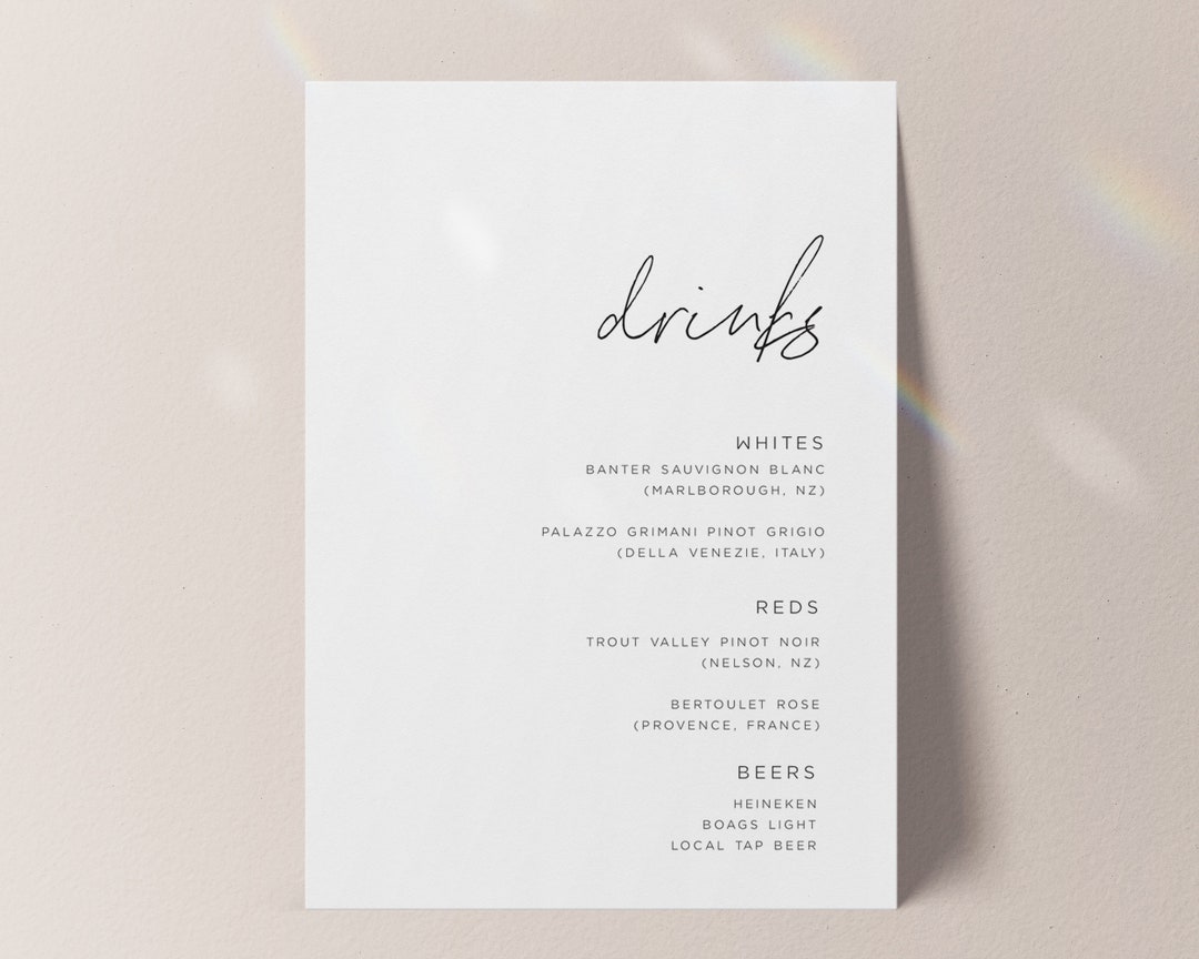 Printable Wedding Drinks Menu, Wedding Menu, PDF Menu, Minimalist ...