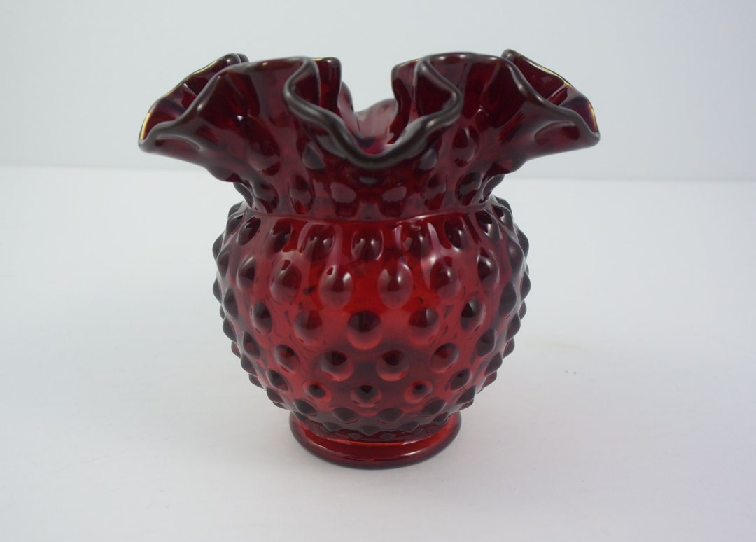 Vintage Fenton Ruby Red Hobnail Ruffled Vase, Fenton Red Hobnail 4.5 ...