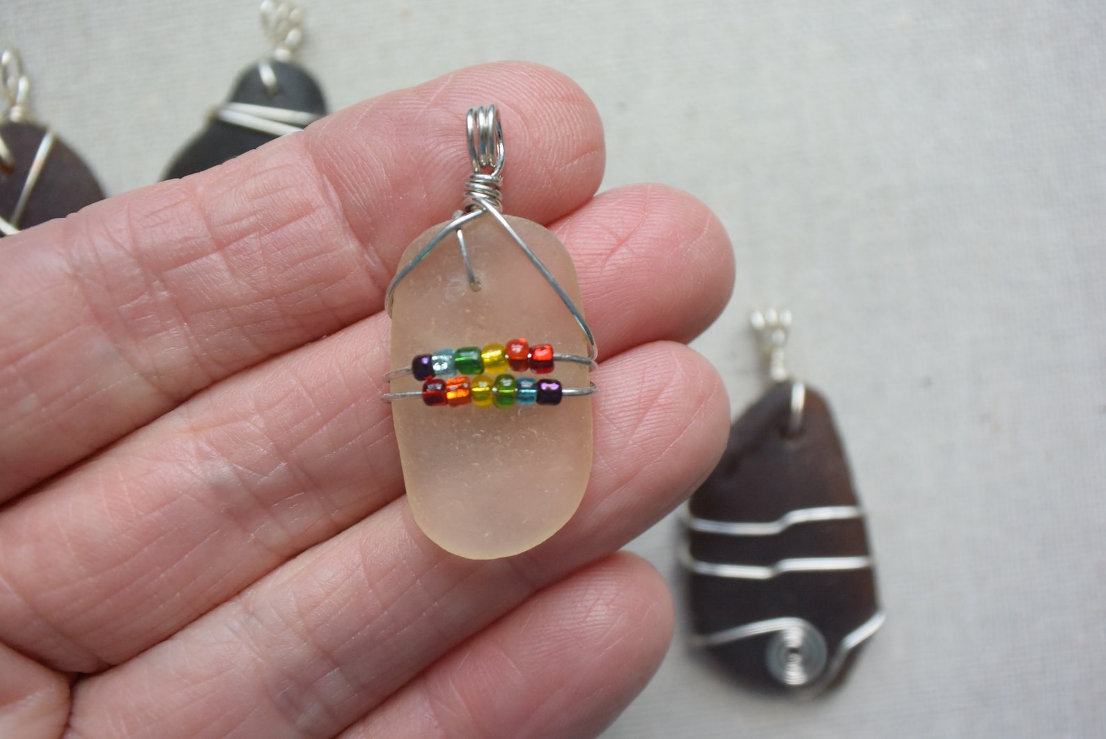 6 Wire Wrapped Genuine Sea Glass Pendants, Assortment Wire & Bead ...