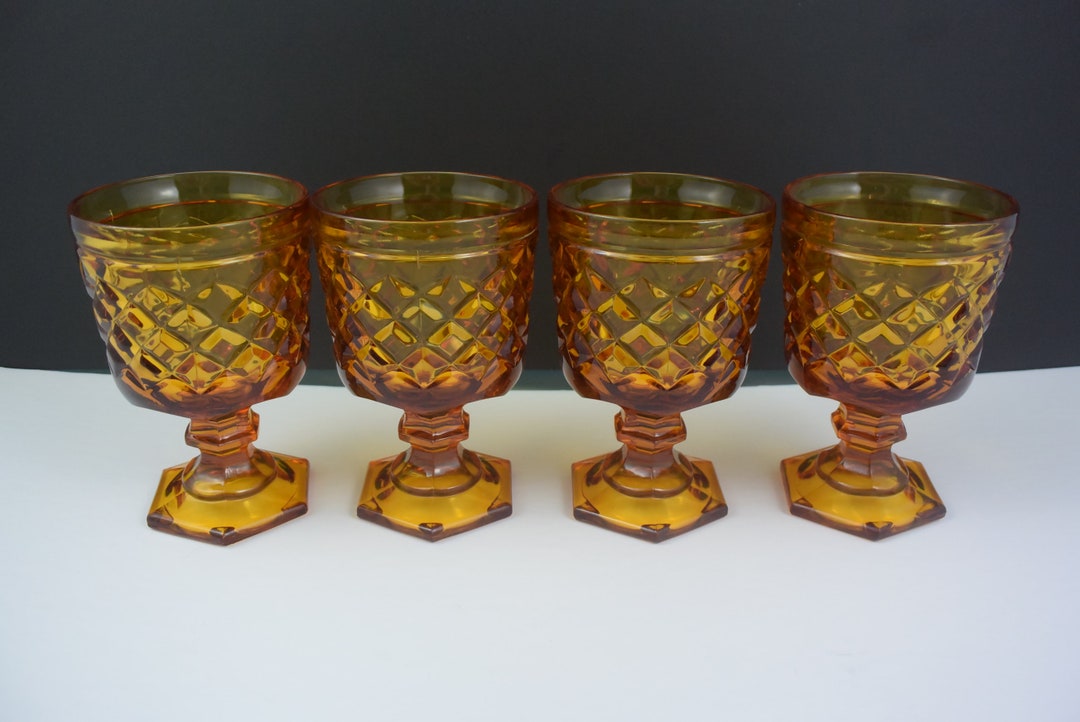 4 Vintage Embossed Amber Wine Goblets, Bormioli Italy MCM Amber Glass ...
