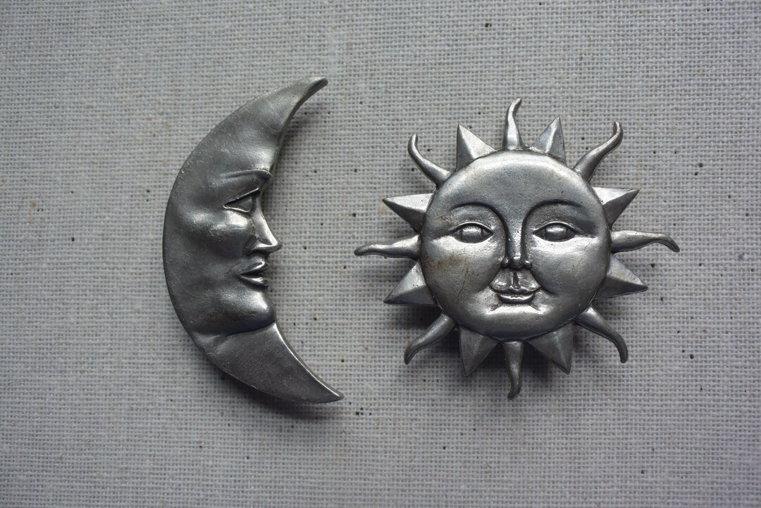 Vintage Seagull Pewter Sun & Moon Face Brooches, Celestial Pewter Sun ...