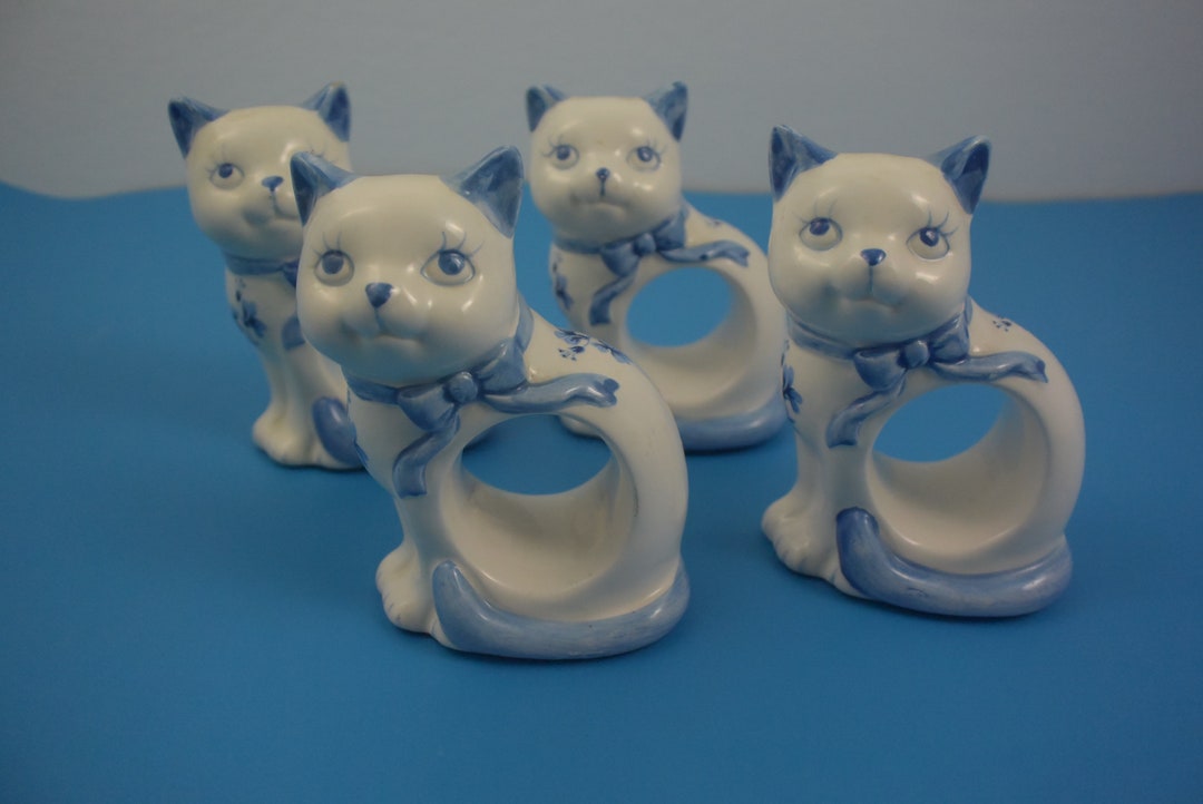 Vintage Himark Ceramic Cat Napkin Rings, Set of 4 Blue & White ...