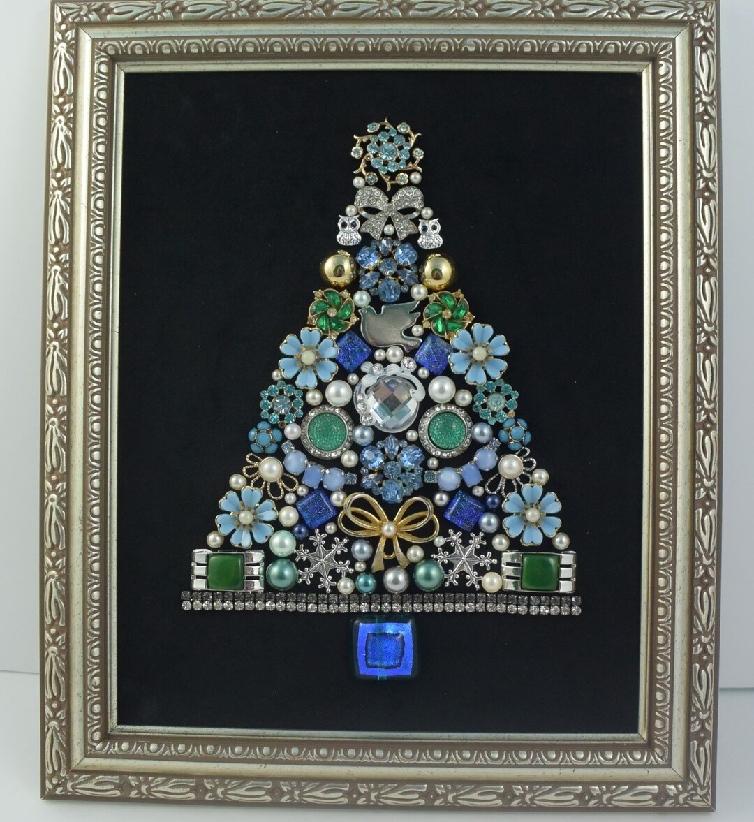 Handmade Vintage Jewelry Collage Christmas Tree, Framed Costume Jewelry ...