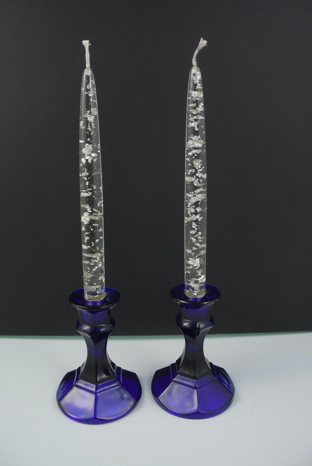 Pair of Lucite Candles W Cobalt Blue Glass Candleholders, Vintage ...
