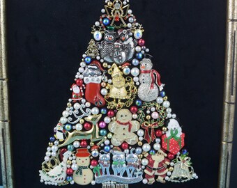 Handmade Vintage Jewelry Collage Christmas Tree, Framed Costume Jewelry ...