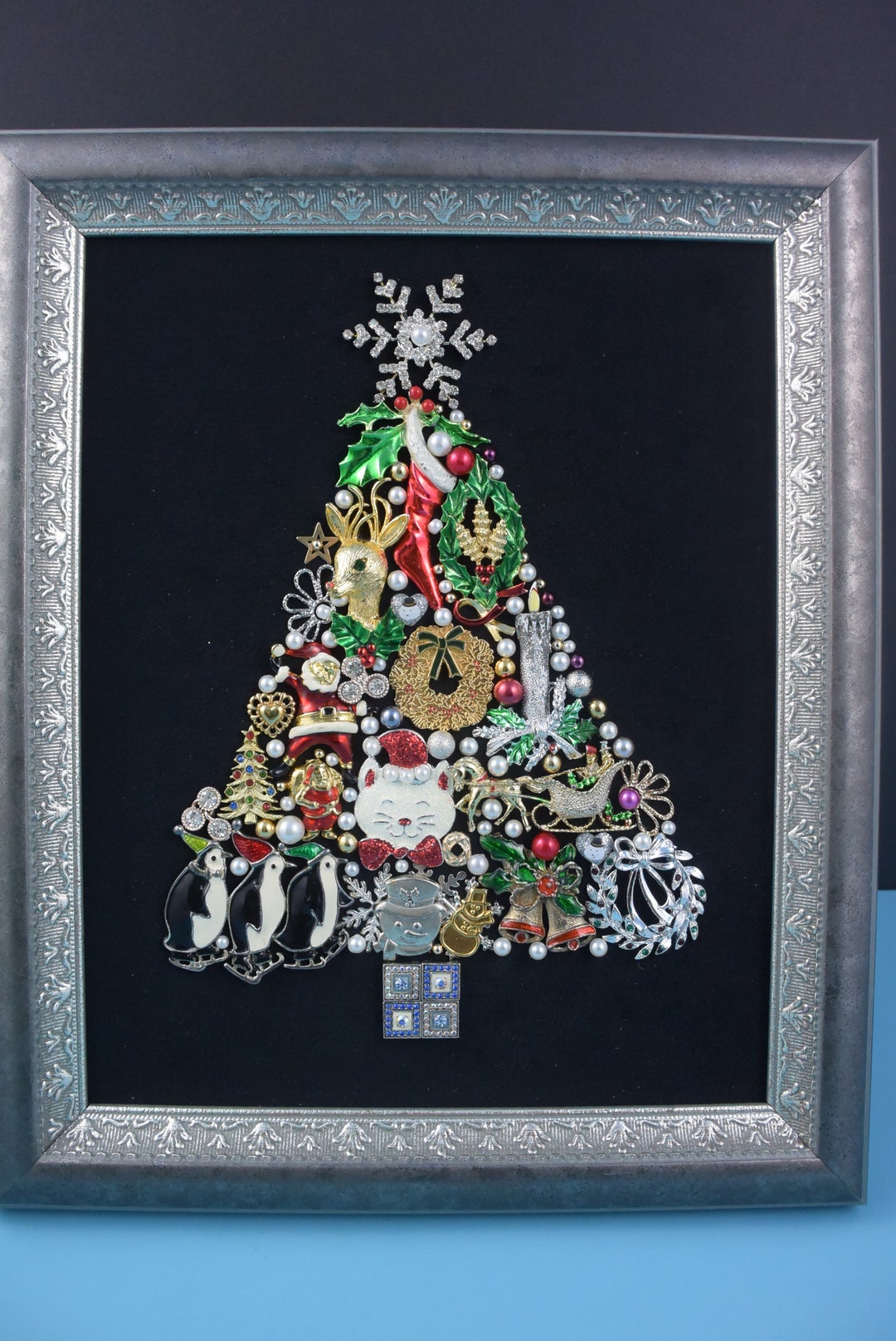 Handmade Vintage Jewelry Collage Christmas Tree, Framed Costume Jewelry ...