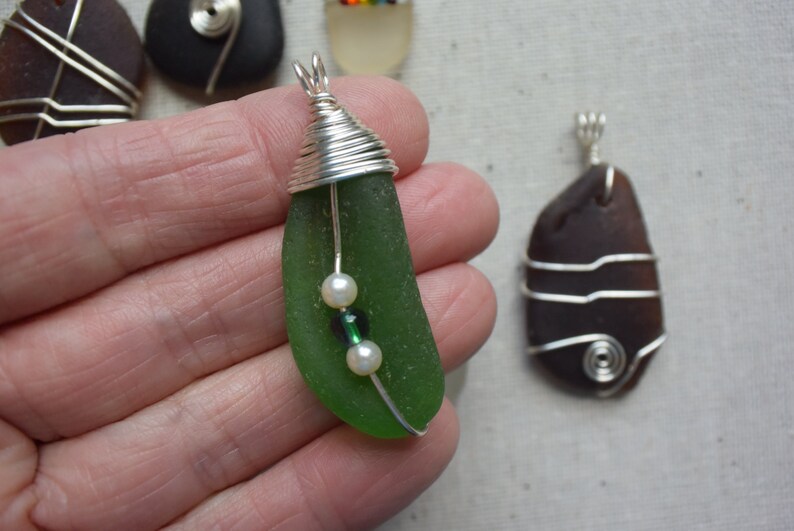 6 Wire Wrapped Genuine Sea Glass Pendants, Assortment Wire & Bead ...