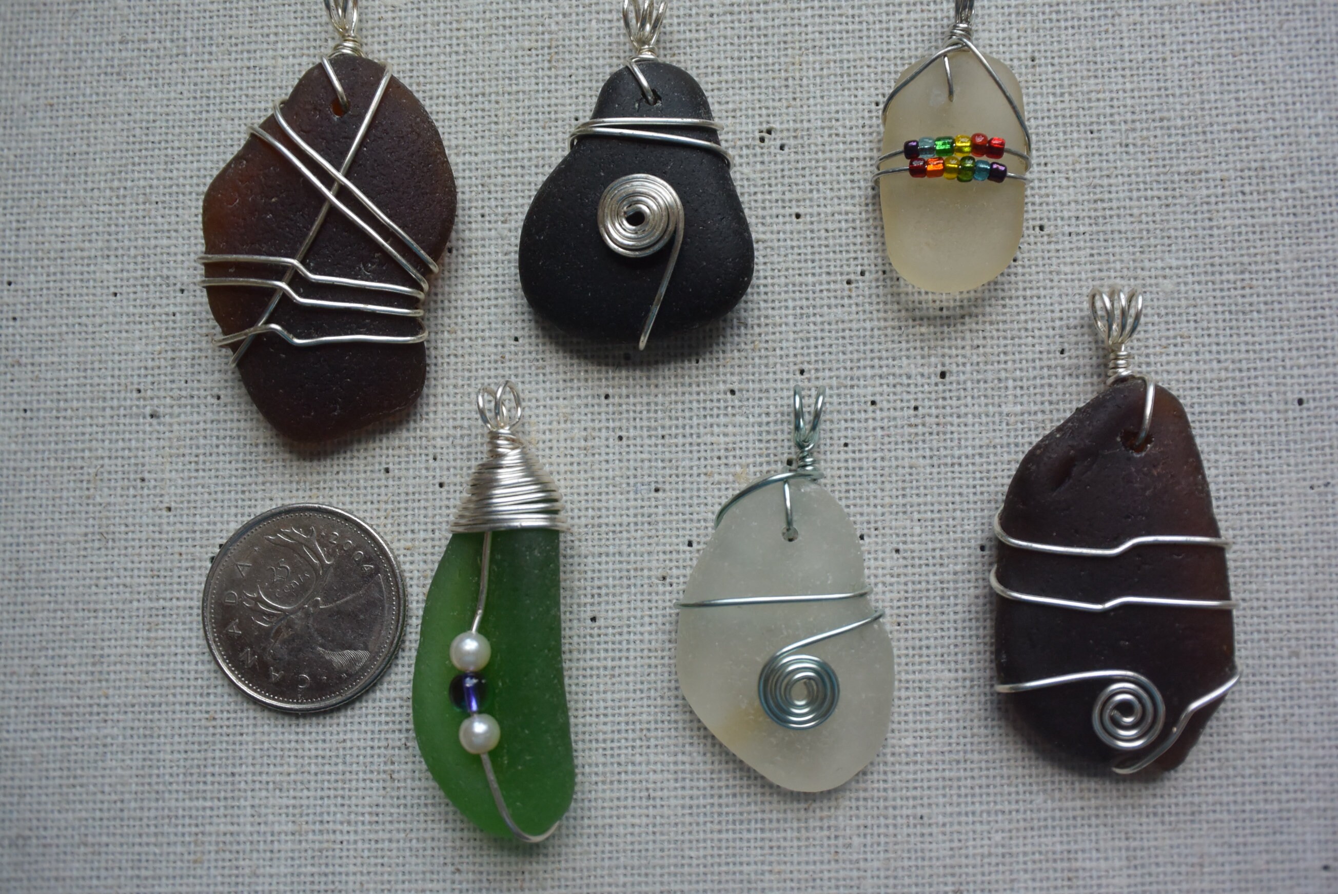 6 Wire Wrapped Genuine Sea Glass Pendants, Assortment Wire & Bead ...