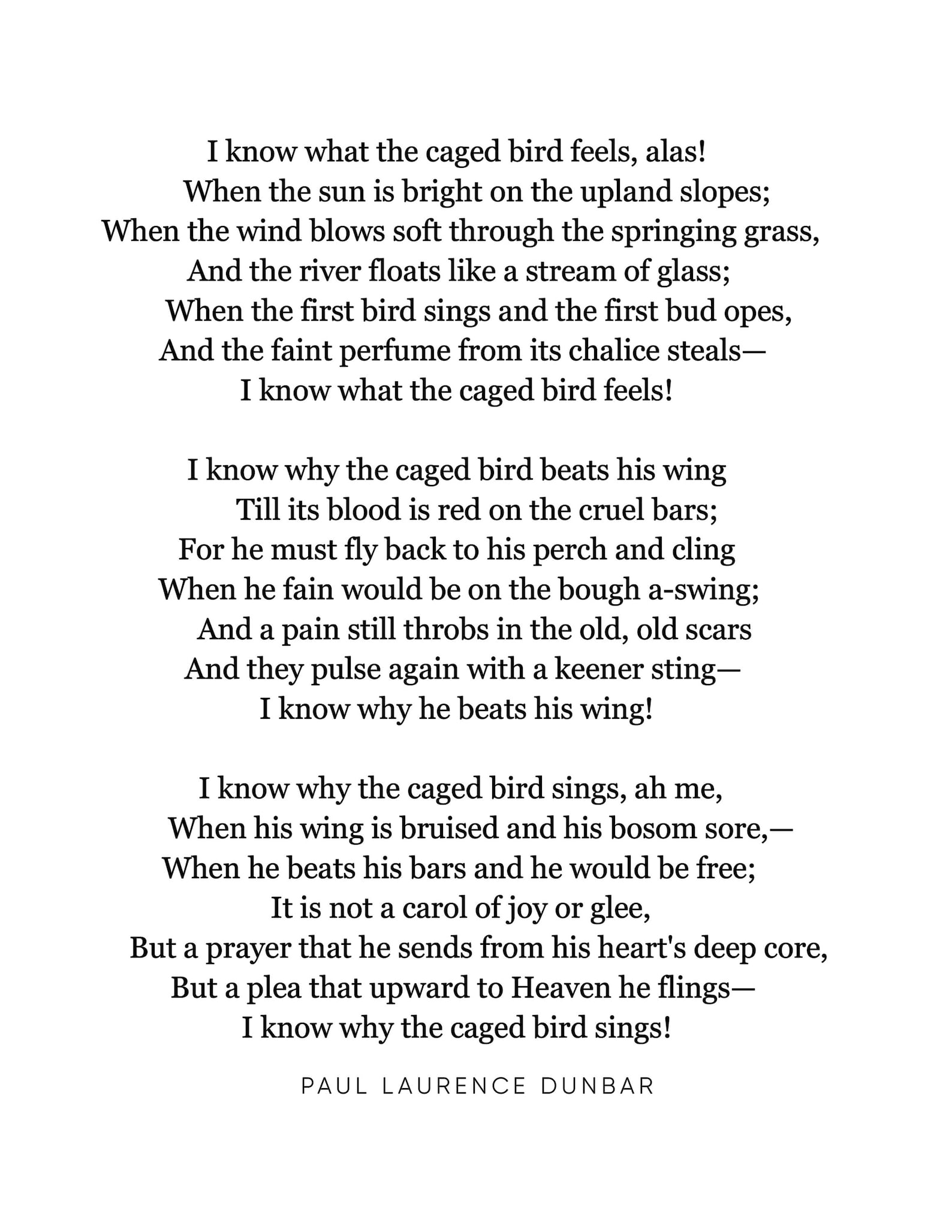 Sympathy Full Poem Paul Laurence Dunbar Literary Poster / - Etsy