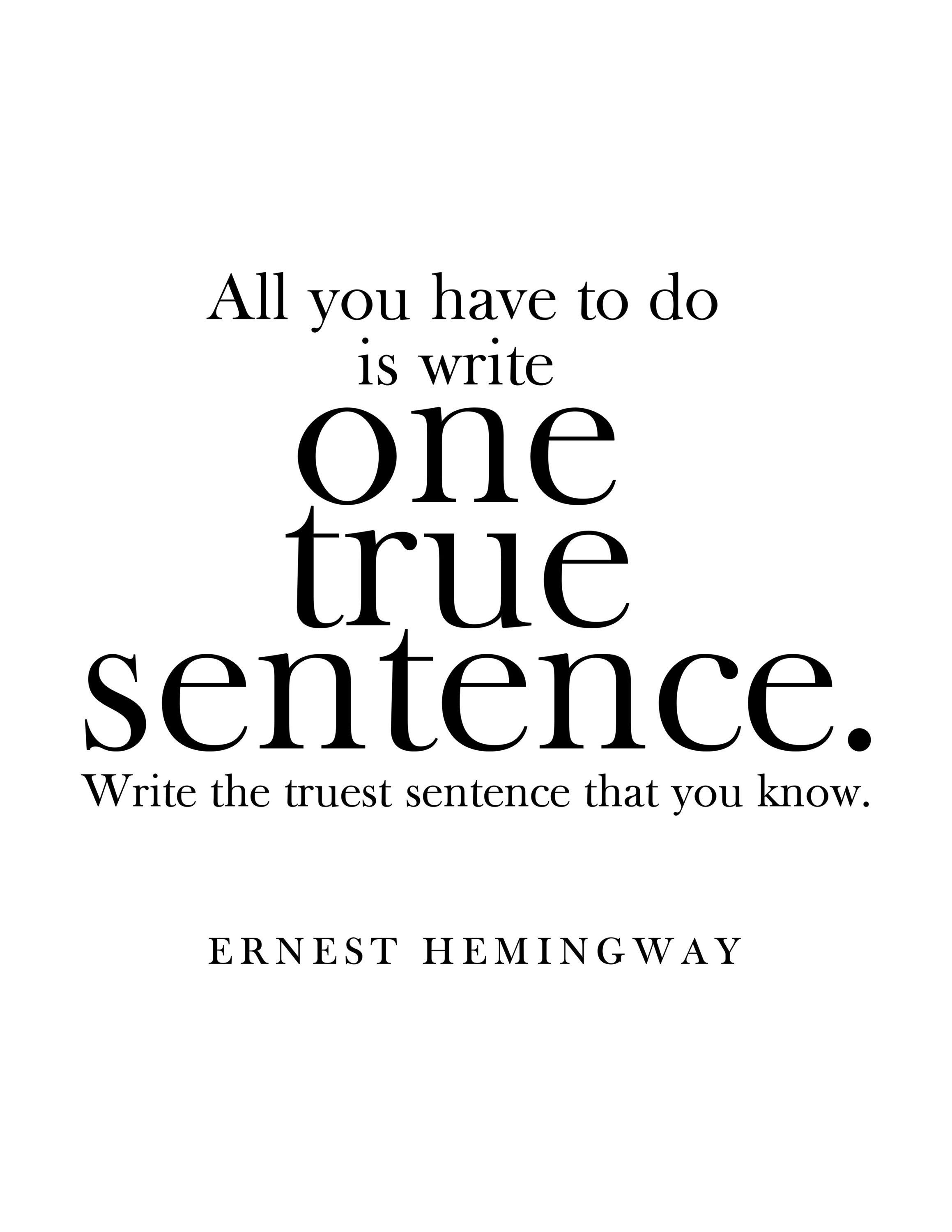 One True Sentence, Ernest Hemingway - Literary Poster / Literary Quotes ...