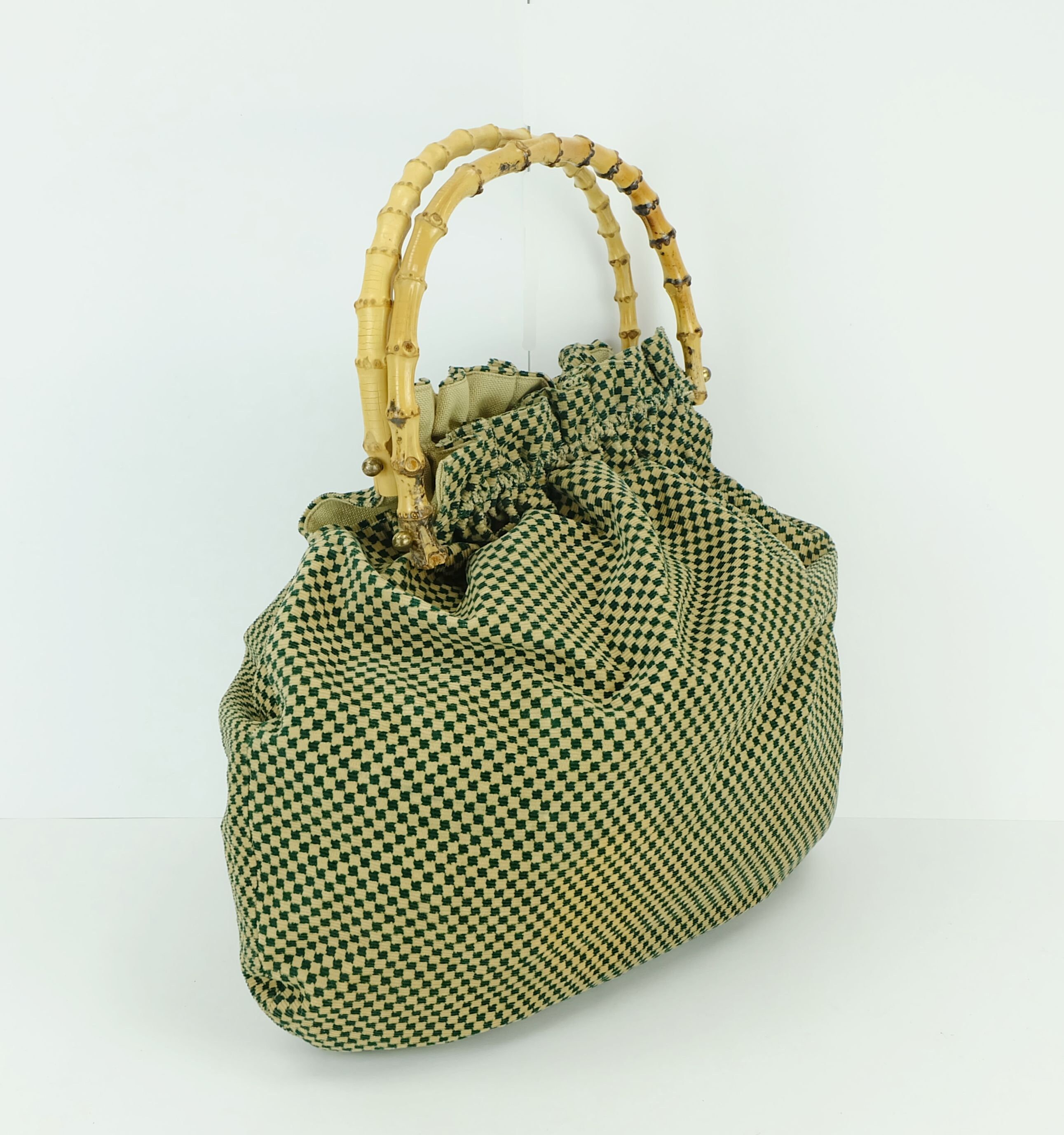 Large 1950s HANDBAG Pouch Tote Vintage Arched Bamboo Handles Corduroy ...