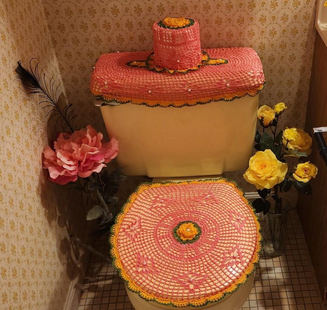 Beautiful Pink Crocheted Bathroom Set Cover With Yellow and Green ...