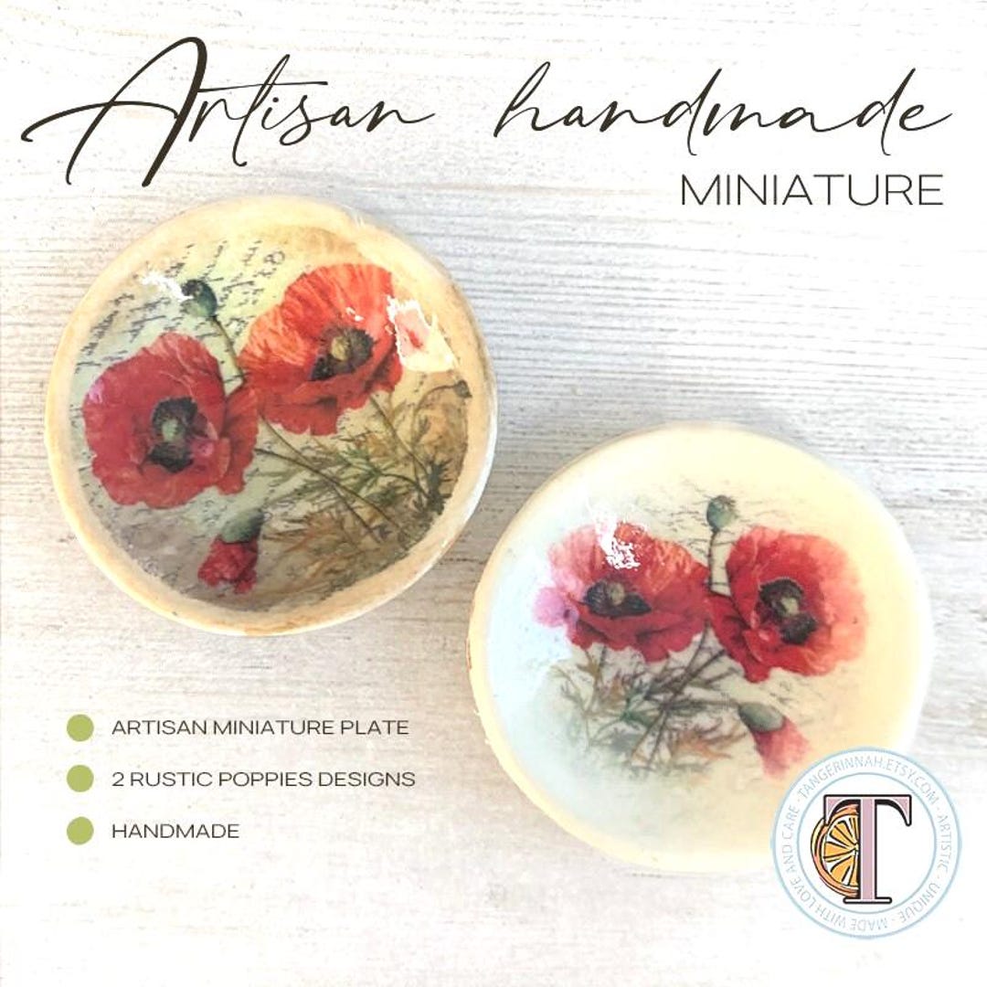 Artisan Mini Plates Handmade Poppies Floral Decorated Dishes/dollhouse ...