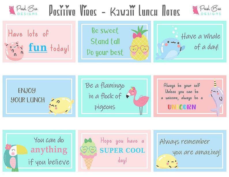 Printable Positive Vibes Kawaii Lunch Box Notes, School Lunch Notes ...