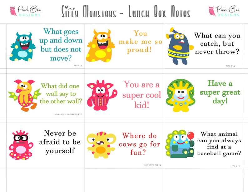 Printable Silly Monsters Lunch Box Notes, Lunch Box Cards, Printable ...