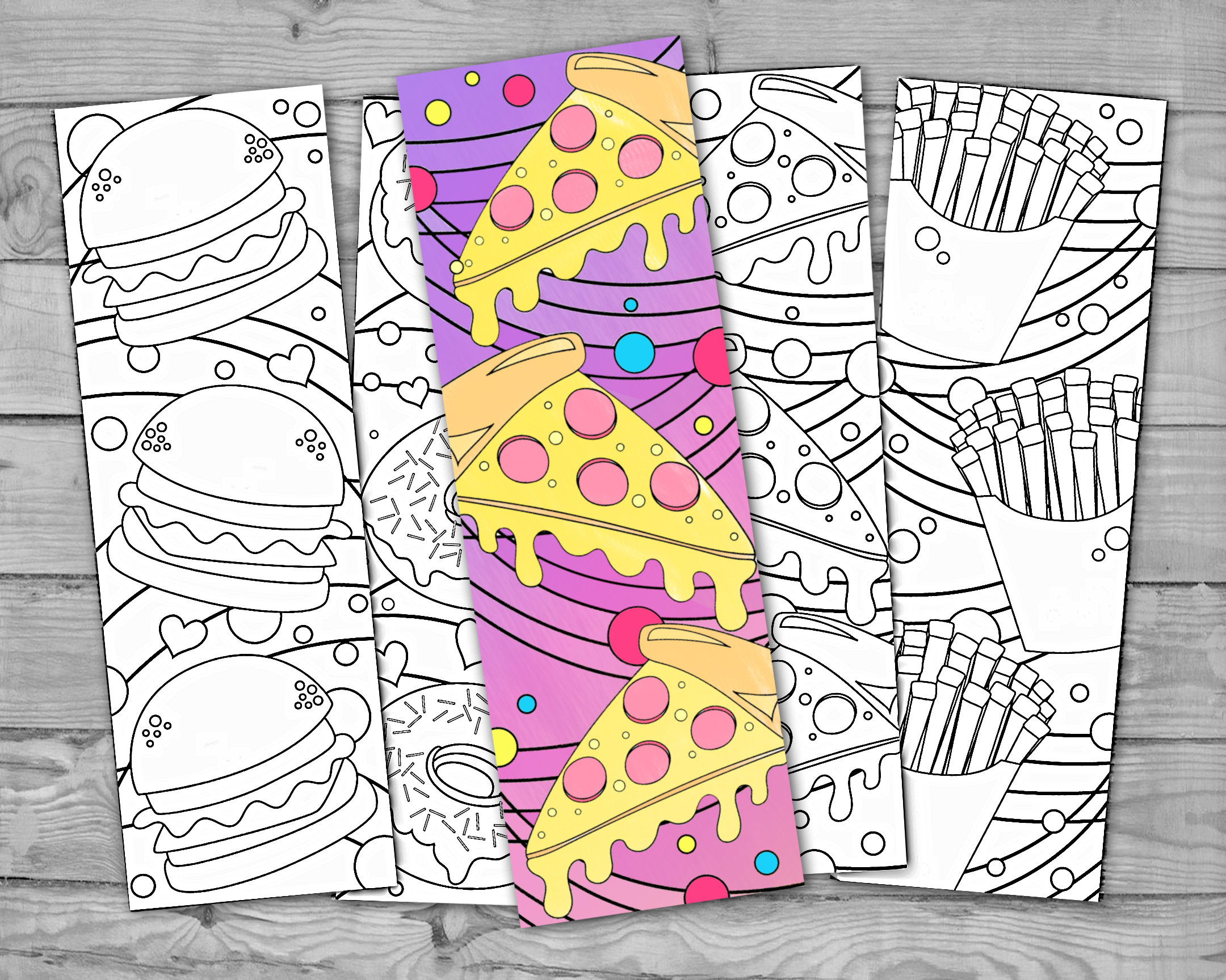 Printable Fast Food Coloring Bookmarks, Food Doodle Bookmarks, Set of 4 ...