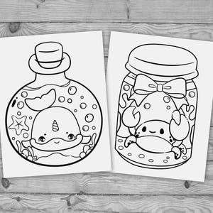 Printable Cute Ocean Bottle Kawaii Coloring for Adults and Kids, Cute ...