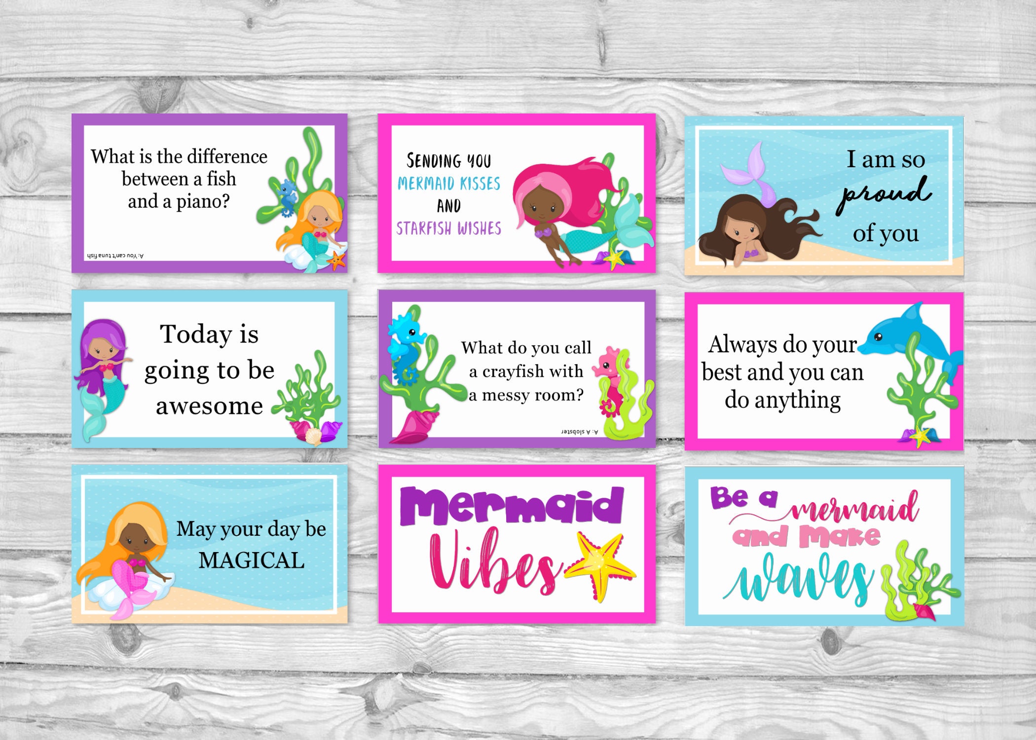 Printable Mermaid School Lunch Notes, Lunch Box Cards, Printable Kids ...