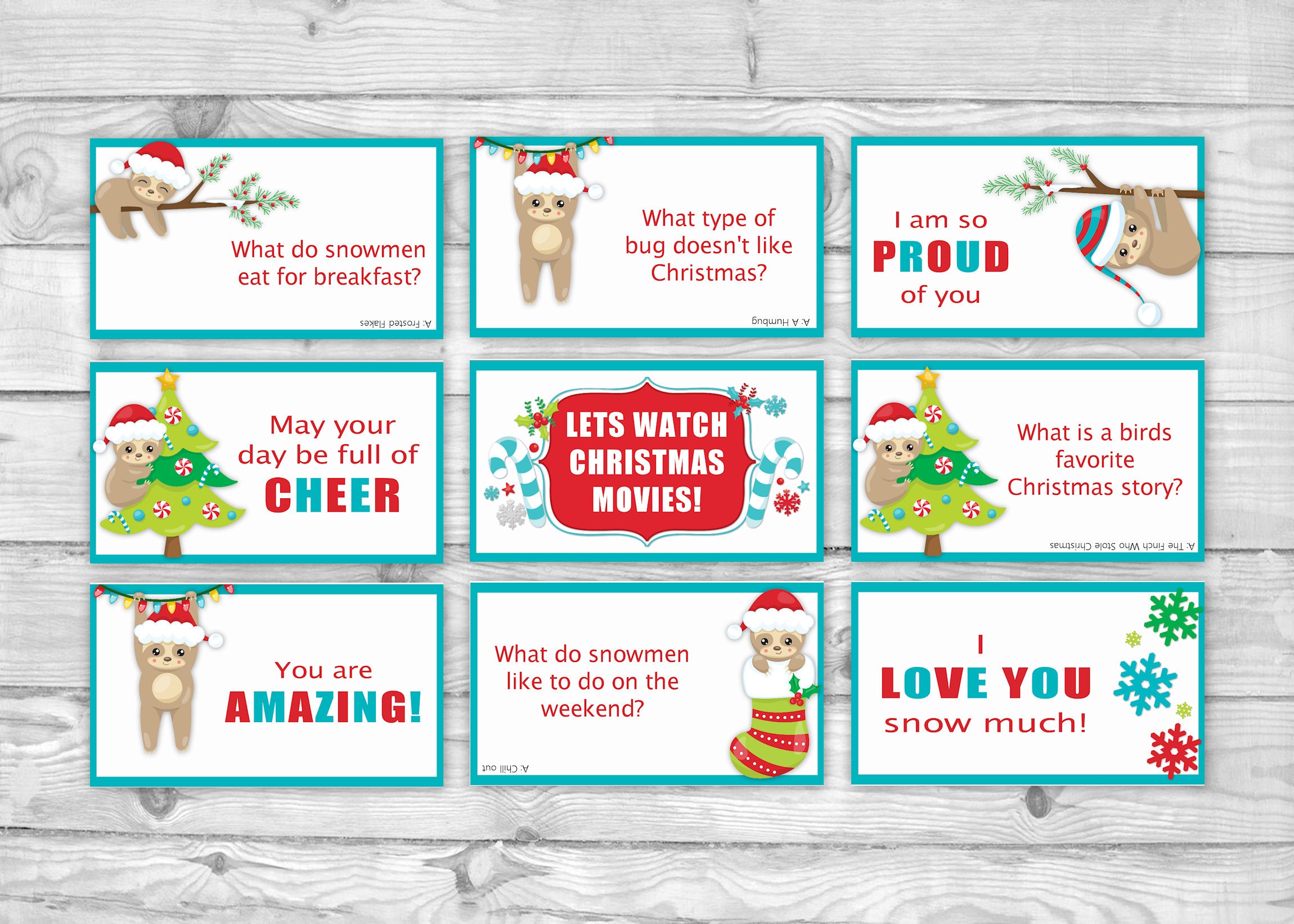 Printable Christmas Sloth Lunch Notes, Sloth Lunch Notes, Lunch Box ...