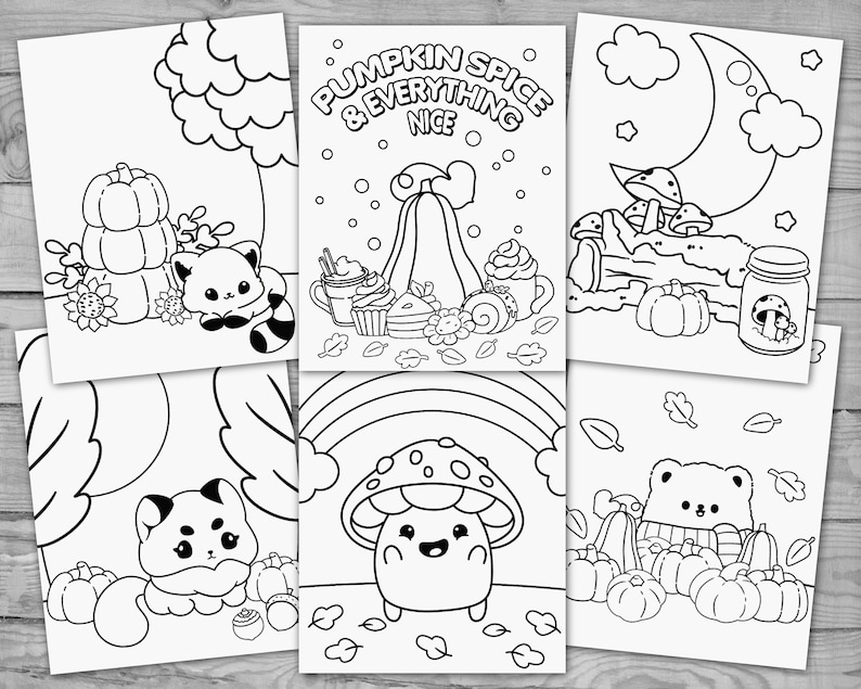 Printable Fall Coloring for Kids, Kawaii Autumn Activity Coloring Pages ...