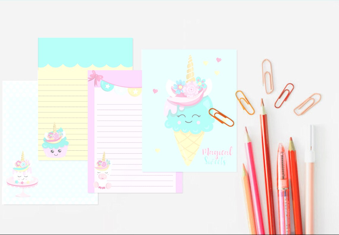 Printable Kawaii Stationary Unicorn Pages Cute Note Cards - Etsy