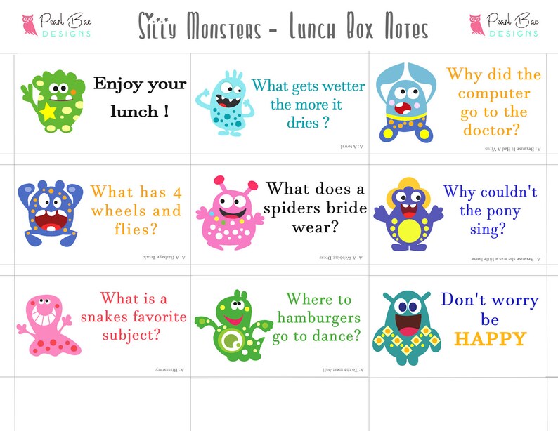 Printable Silly Monsters Lunch Box Notes, Lunch Box Cards, Printable ...