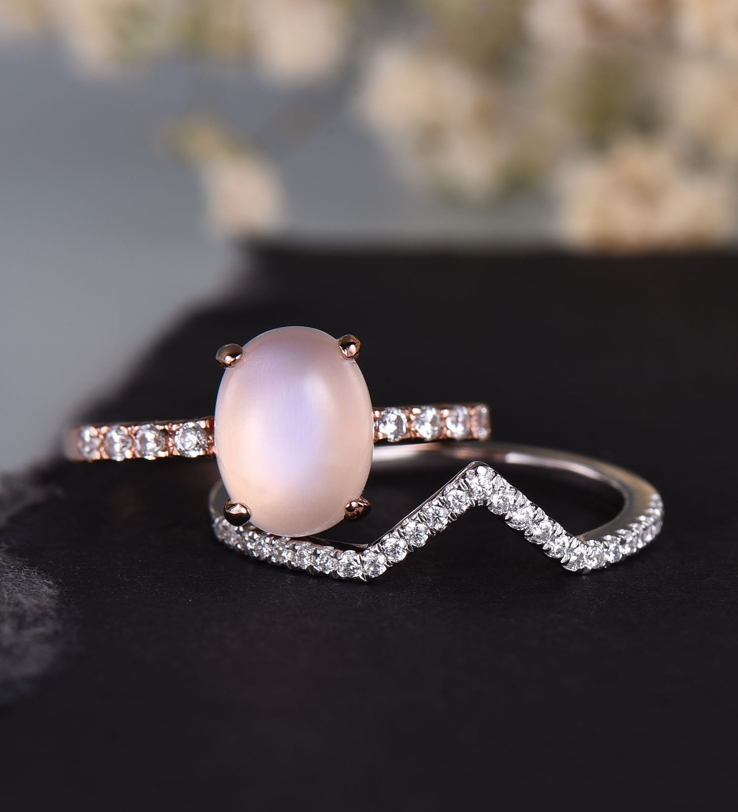 Moonstone Engagement Ring,moonstone Wedding Set,14k Gold Rings,delicate ...