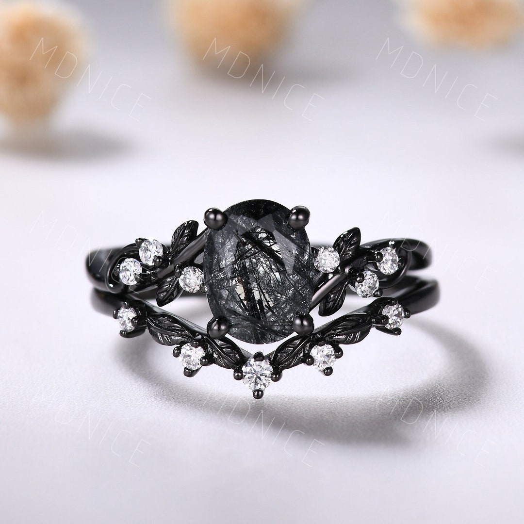 Black Wedding Ring Set, Black Gold Black Rutilated Quartz Leaf Promise ...