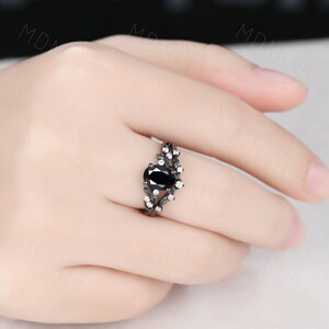 Rhodium Black Gold Oval Onyx Bridal Set, Witchy Black Onyx Vine Promise Wedding Ring Women, Punk ...